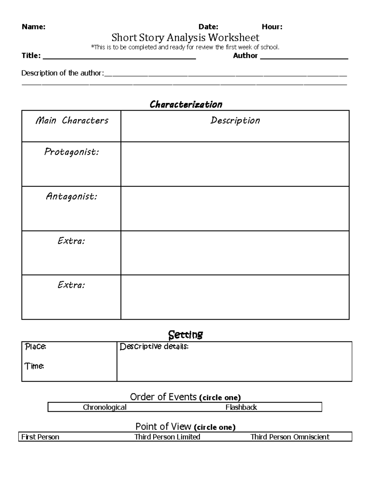 Short Story Analysis Sheet Summer Reading - Name: Date: Hour: Short ...