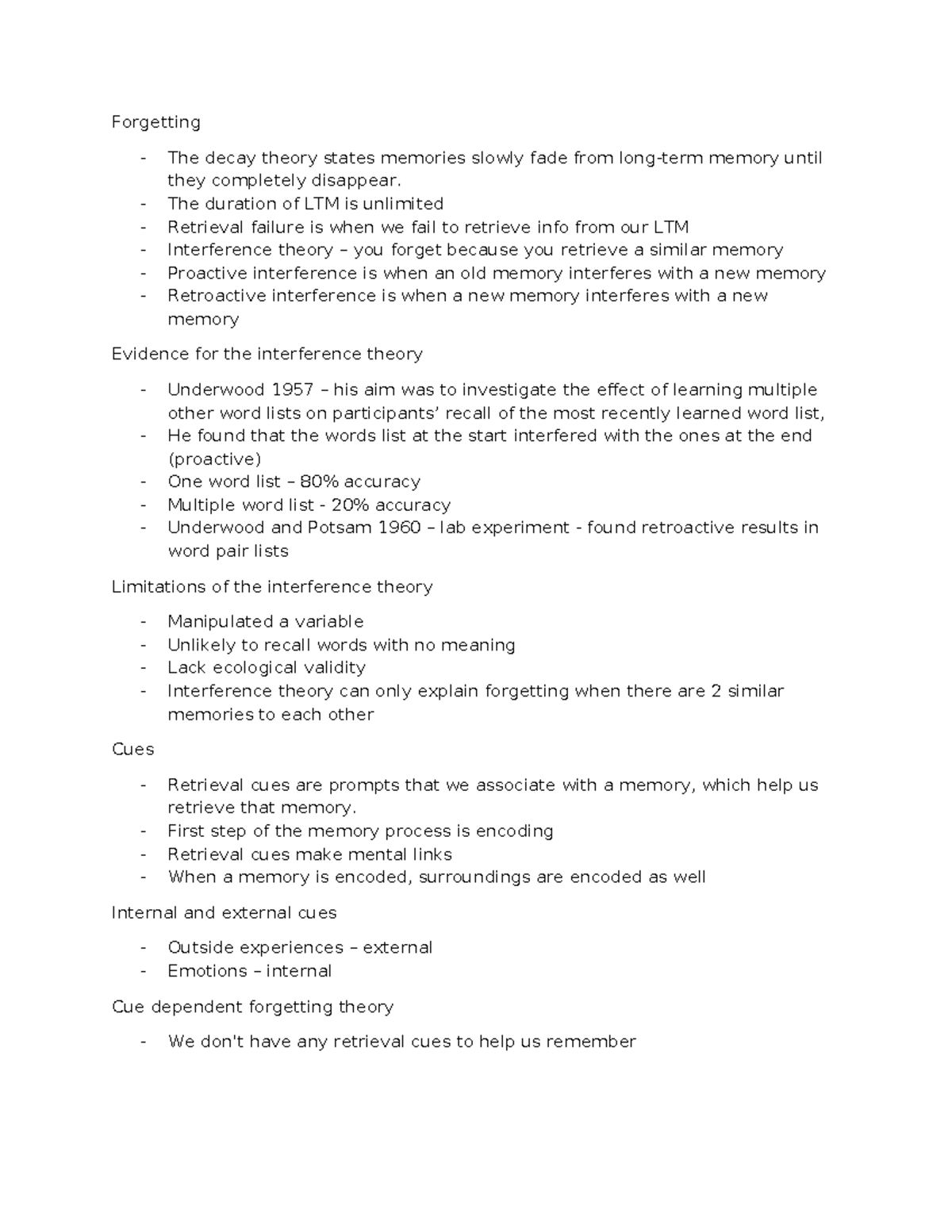 Forgetting: Interference & Retrieval Cues - PSYCH Class Notes - Studocu