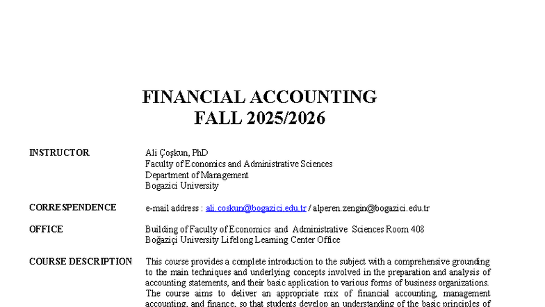 FIN 101 Financial Accounting Syllabus - Fall Semester 2023 - Studocu