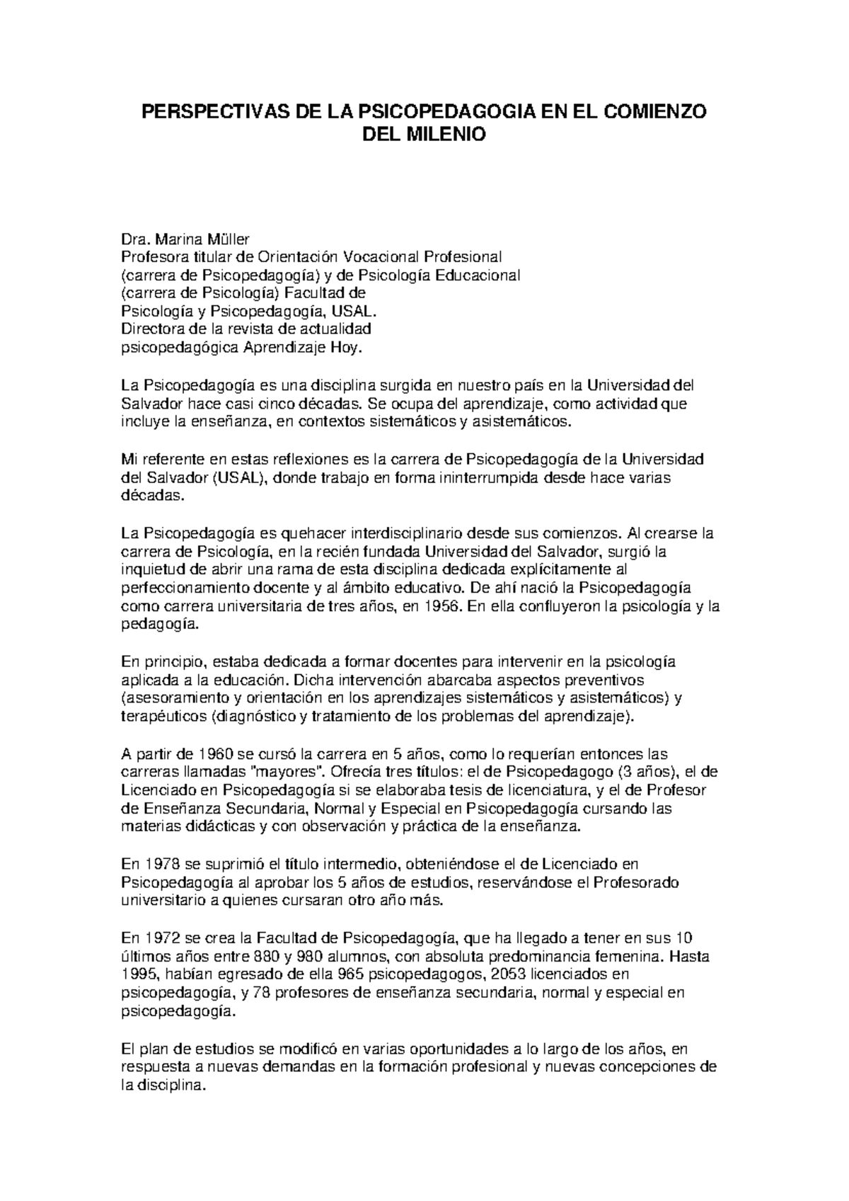 Perspectivas de la Psicopedagogía: Reflexiones de Marina Müller - Studocu