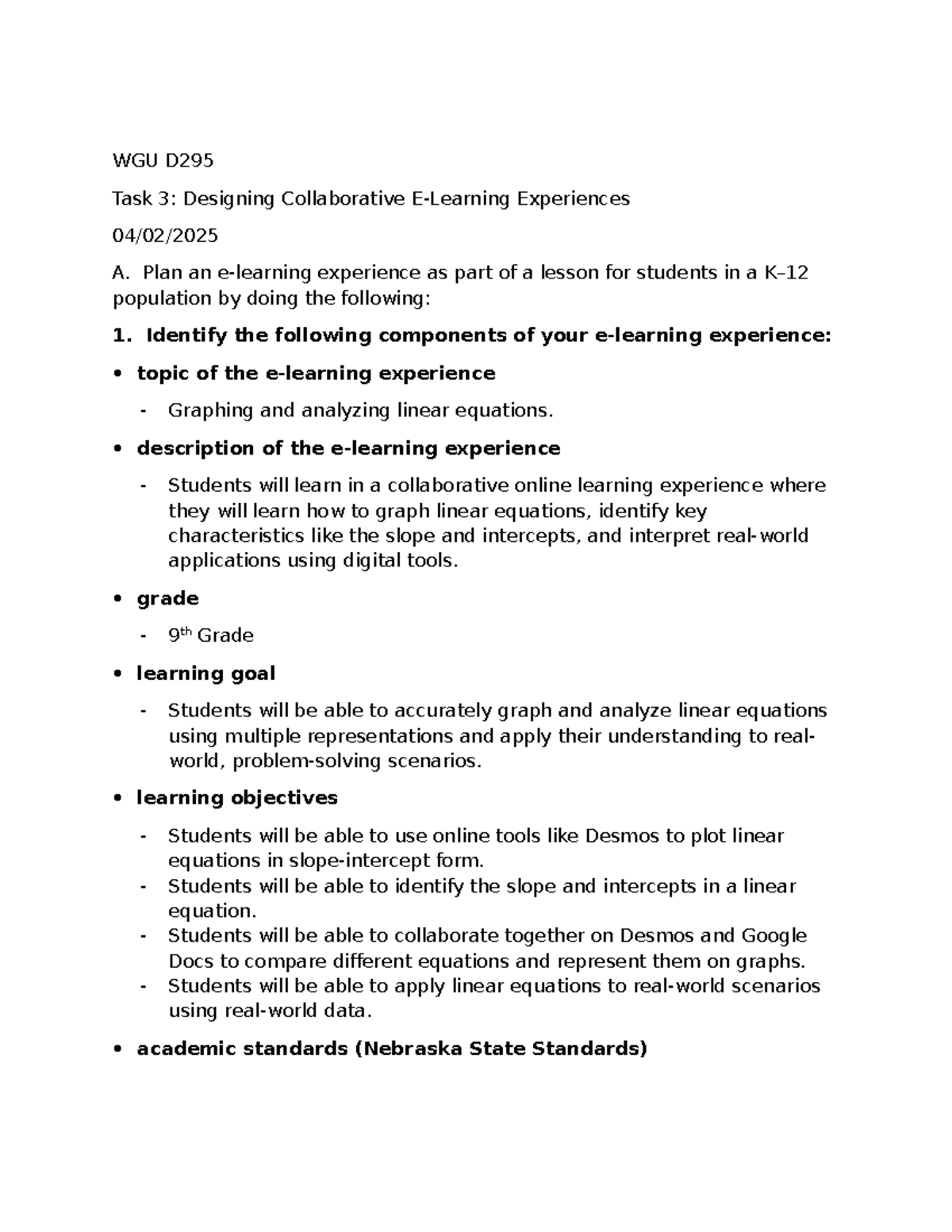 WGU D295 Task 3: Collaborative Learning Experience on Linear Equations ...