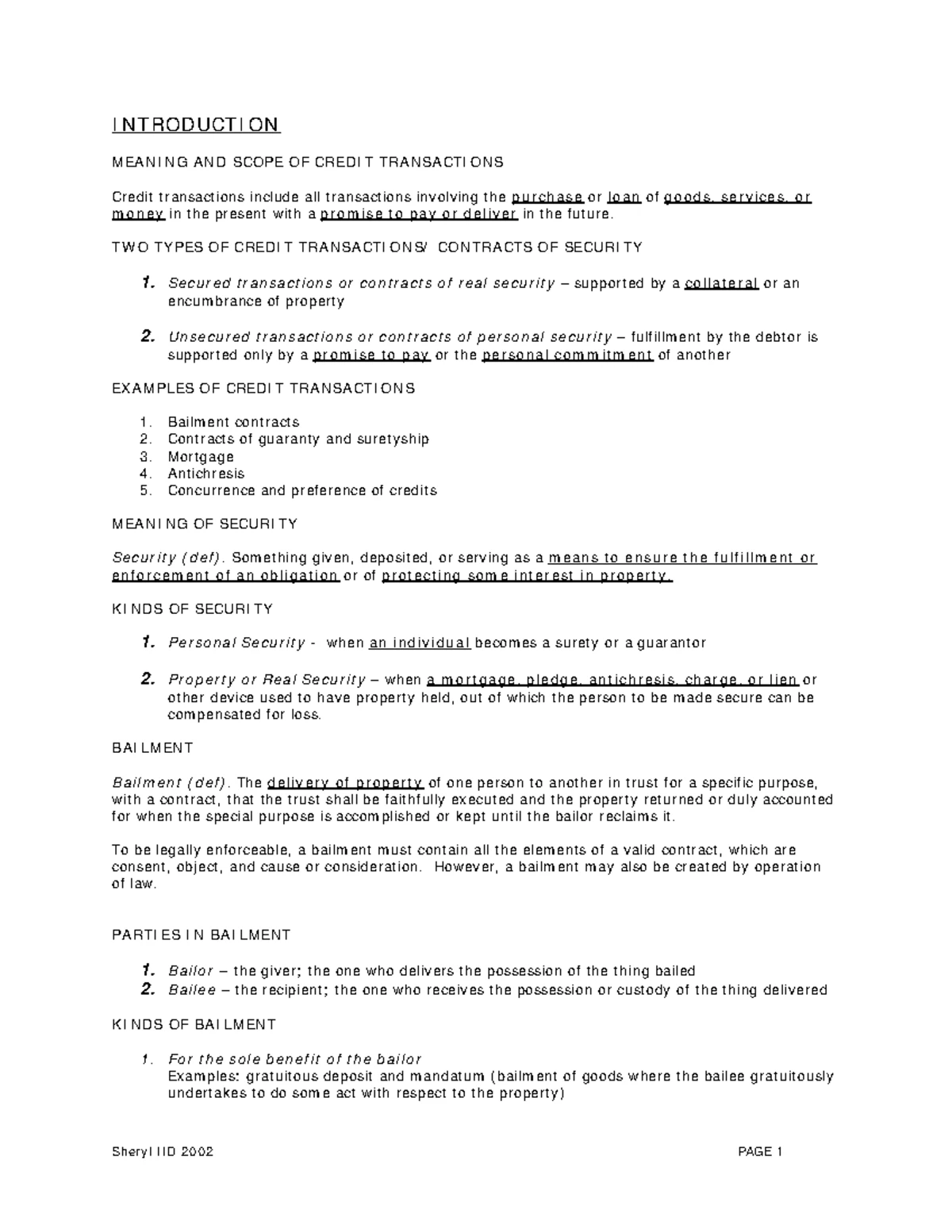 Credit Transactions reviewer - INTRODUCTION MEANING AND SCOPE OF CREDIT ...