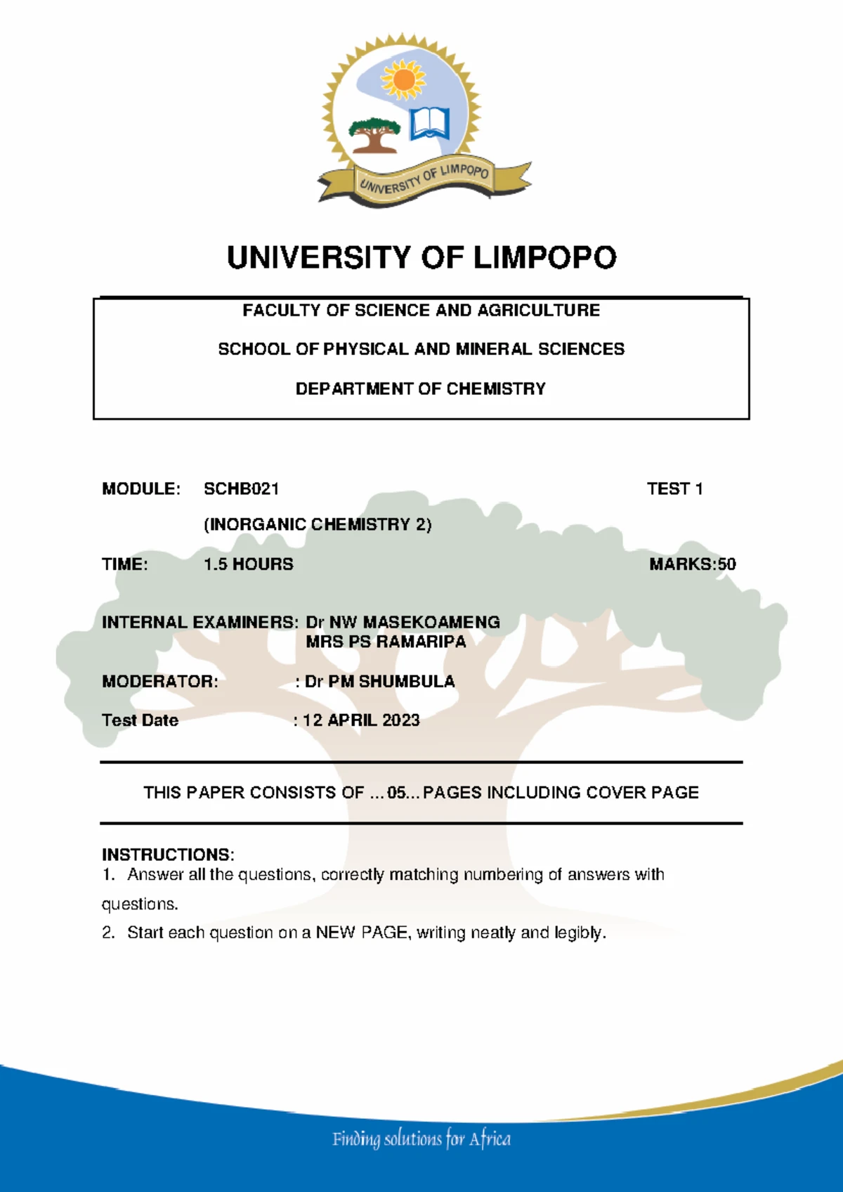 SCHM012 TEST 1 MEMO: INORGANIC CHEMISTRY 1B - 18 AUGUST 2023 - Studocu