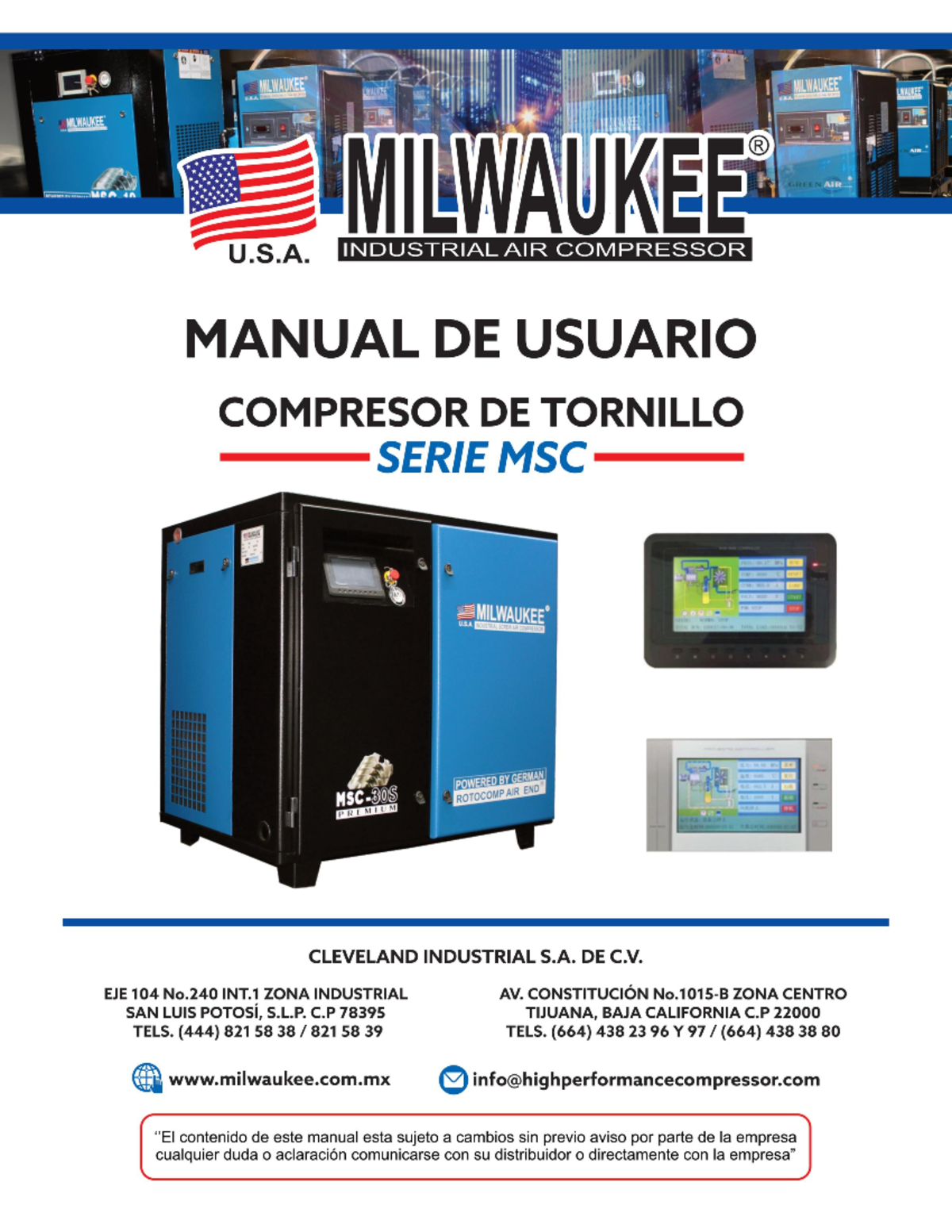 Manual de Operación y Mantenimiento del Compresor Tornillo MKE - Studocu