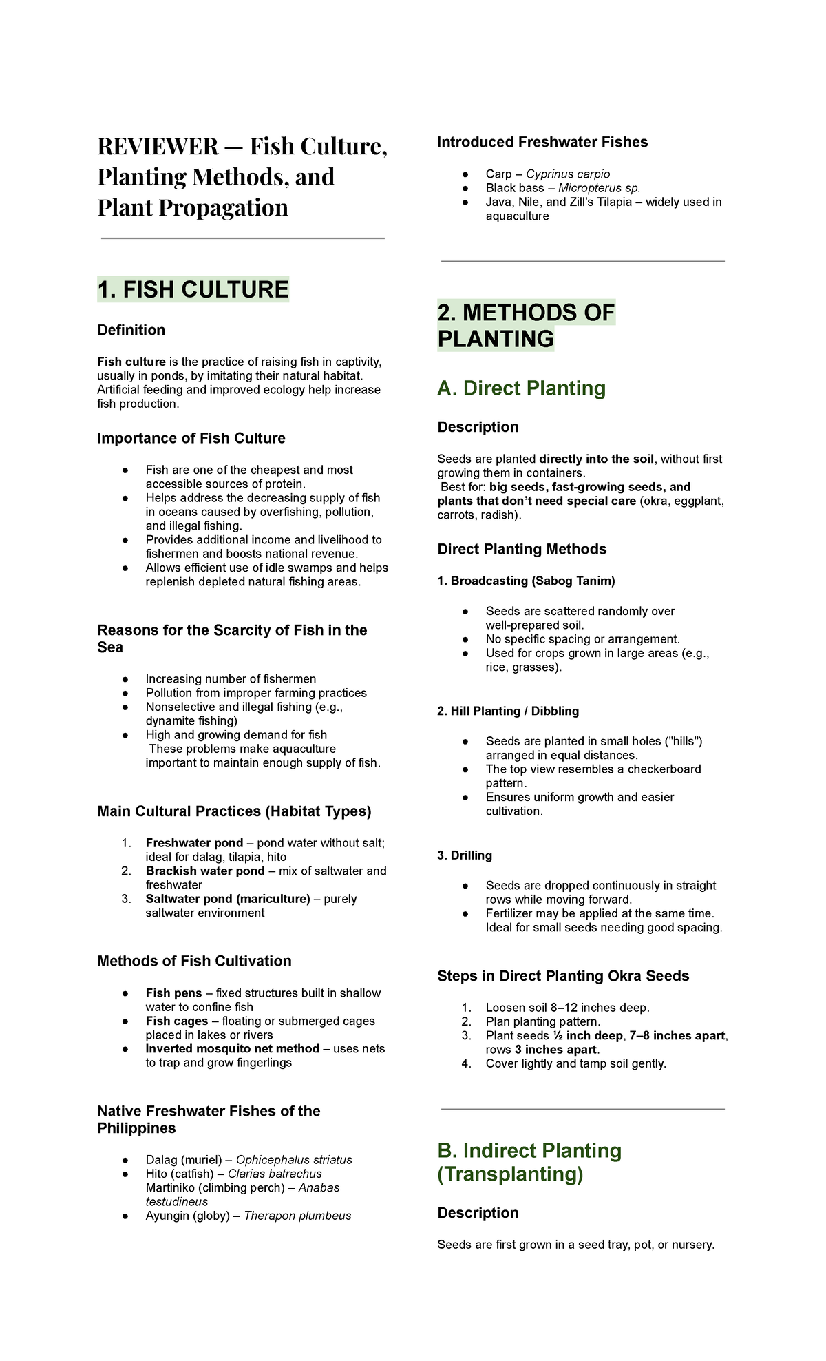 REVIEWER: Fish Culture & Planting Methods (Aquaculture 101) - Studocu