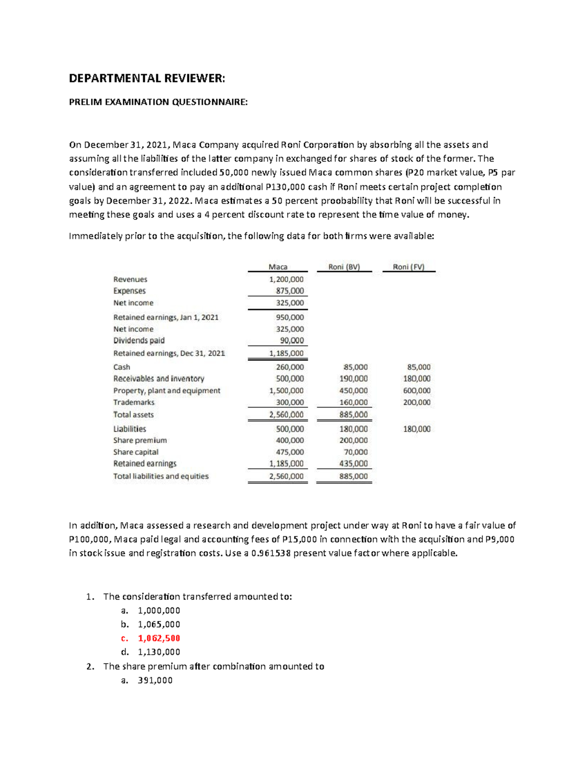 DEPARTMENTAL ABC: MIDTERM EXAMINATION QUESTIONNAIRE ON ACQUISITIONS ...