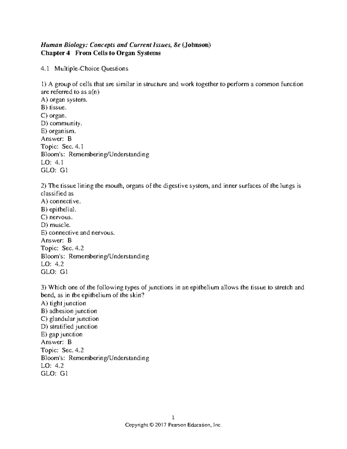 Human Biology CH 4: From Cells to Organ Systems - MCQs & T/F - Studocu
