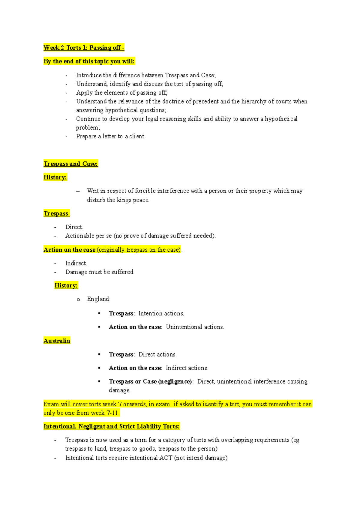 Week 2 Torts 1: Understanding Passing Off and Trespass Concepts - Studocu
