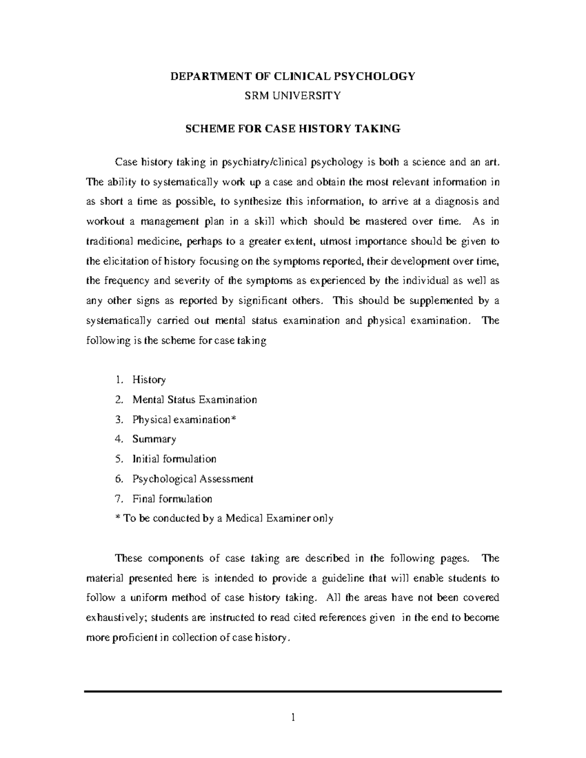 Case History Format - DEPARTMENT OF CLINICAL PSYCHOLOGY SRM UNIVERSITY ...