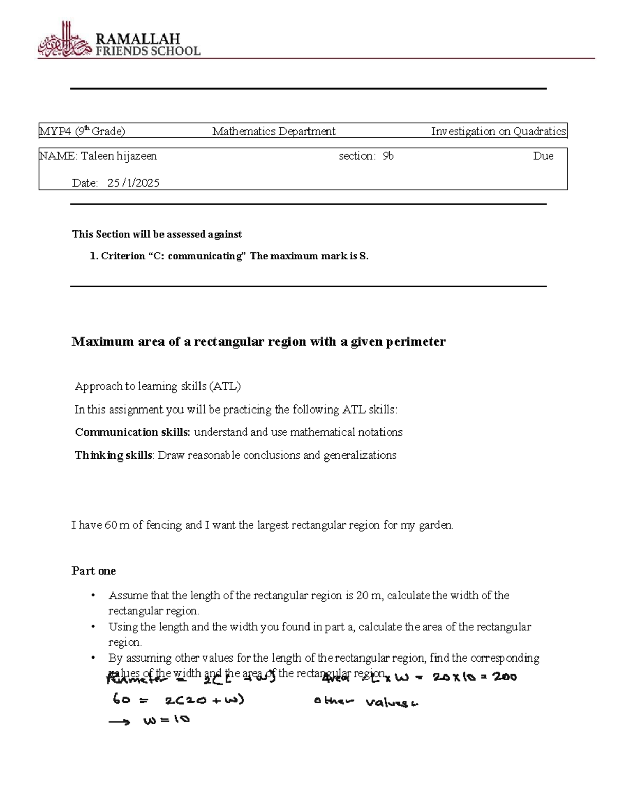 Math report - MYP4 (9th Grade) Mathematics Department Investigation on ...