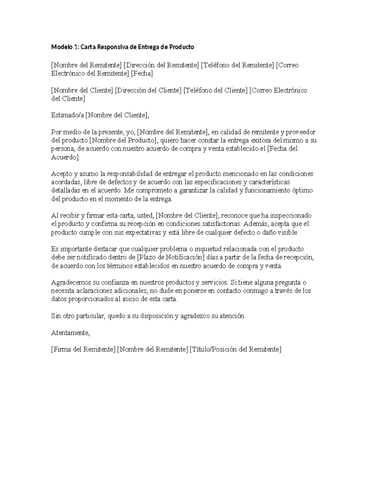 Modelo 1: Carta Responsiva de Entrega de Producto - Guía Completa - Studocu