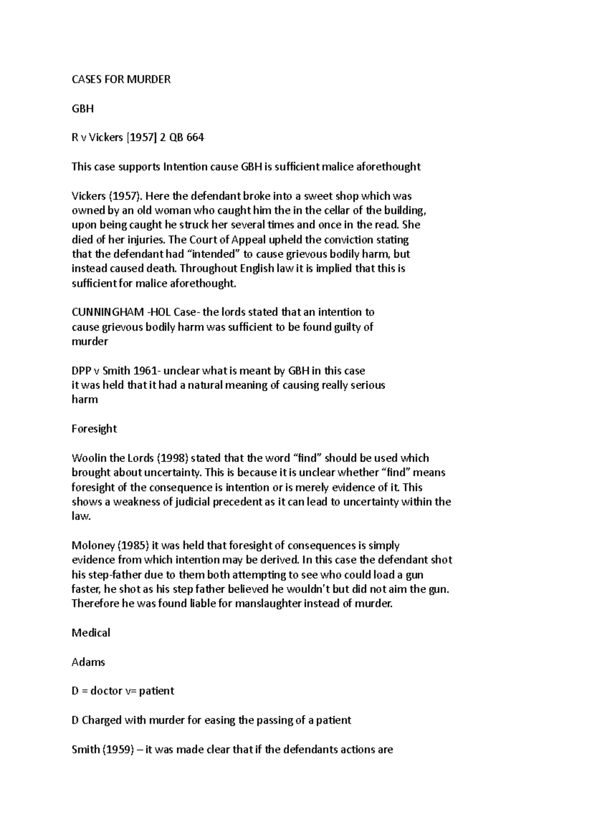 Cases FOR Murder - CASES FOR MURDER GBH R v Vickers [1957] 2 QB 664 ...