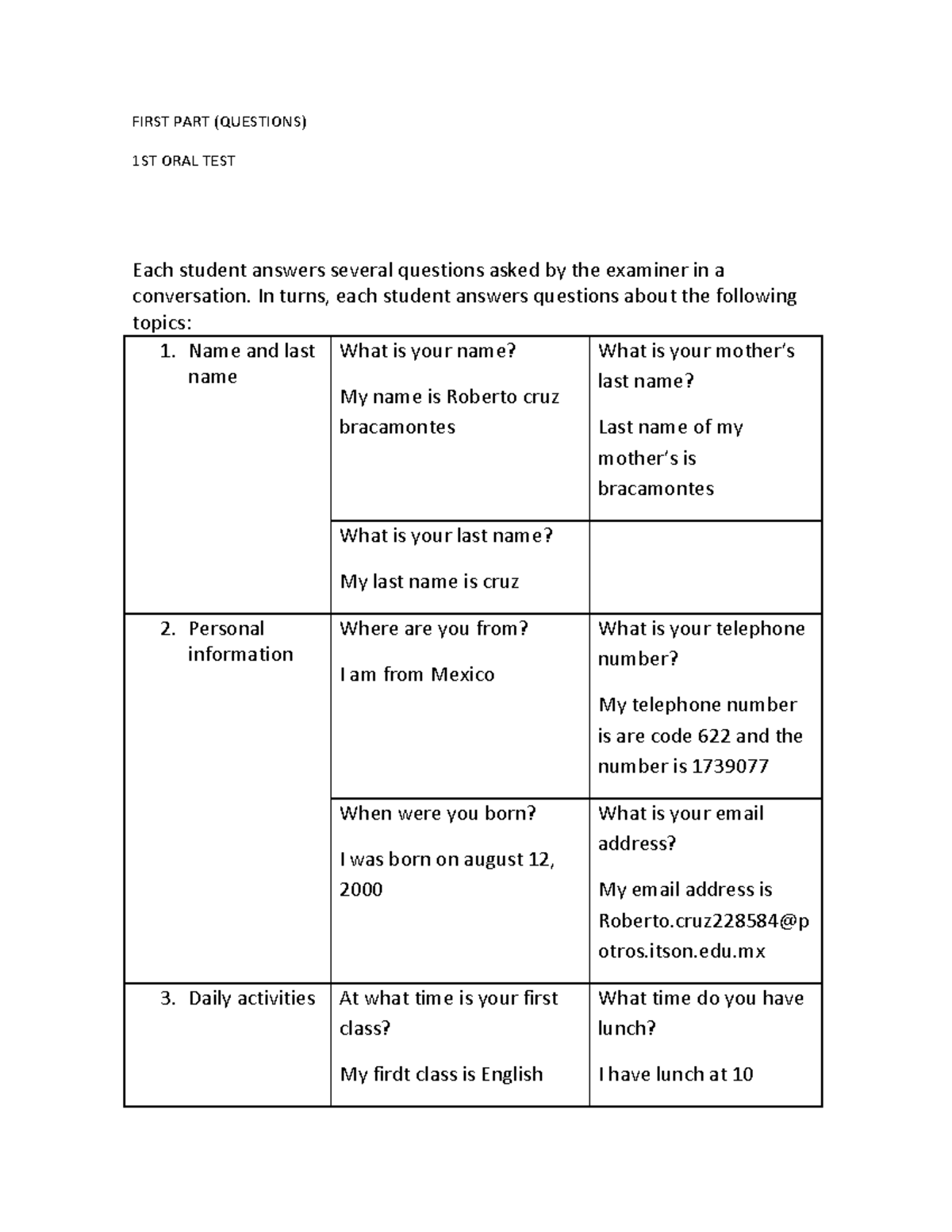 First PART 1ST ORAL TEST - FIRST PART (QUESTIONS) 1ST ORAL TEST Each ...