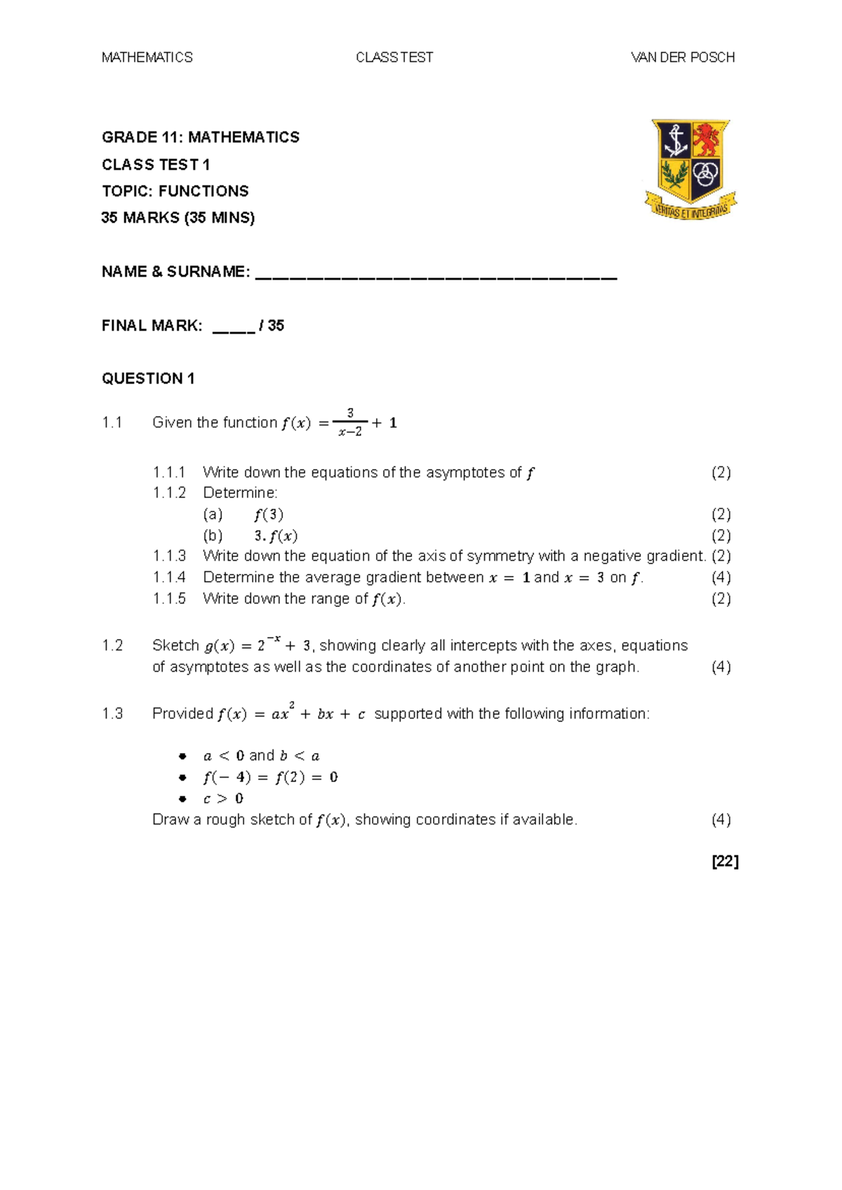 Functions - Maths Grade 11 Term 3 Class Test Pass Paper - Studocu