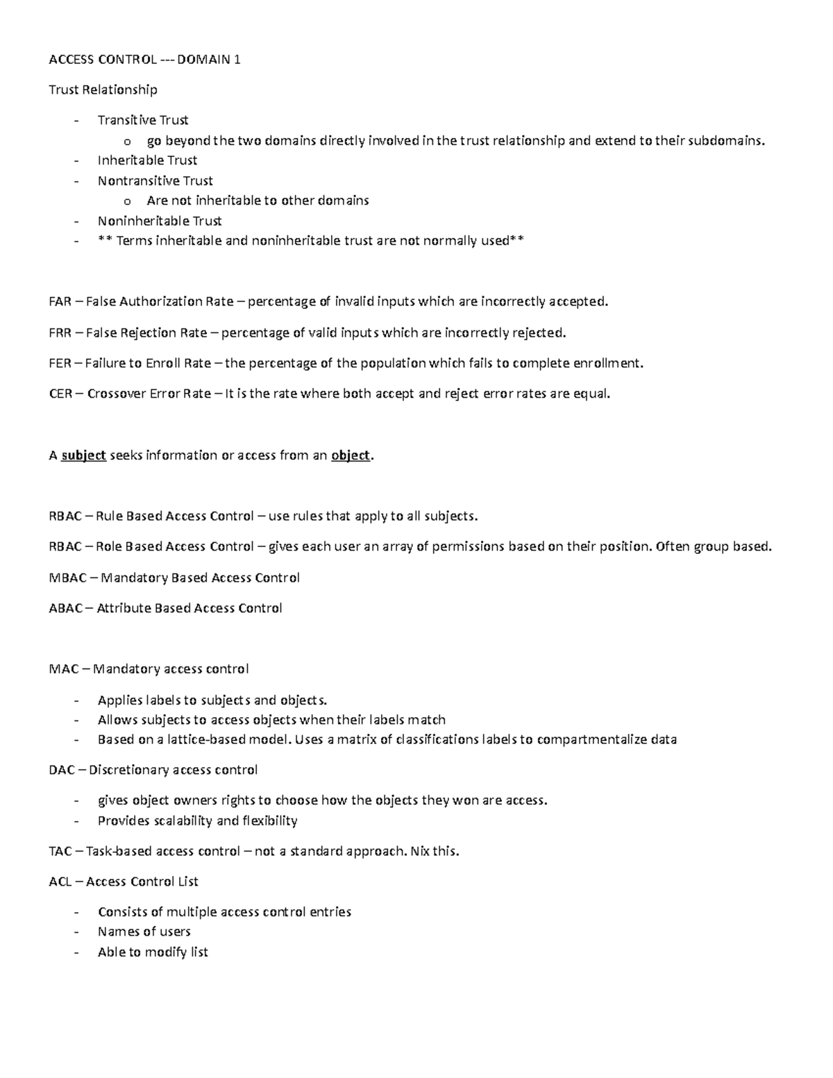 C845 SSCP Study Notes: Access Control Principles and Types - Studocu