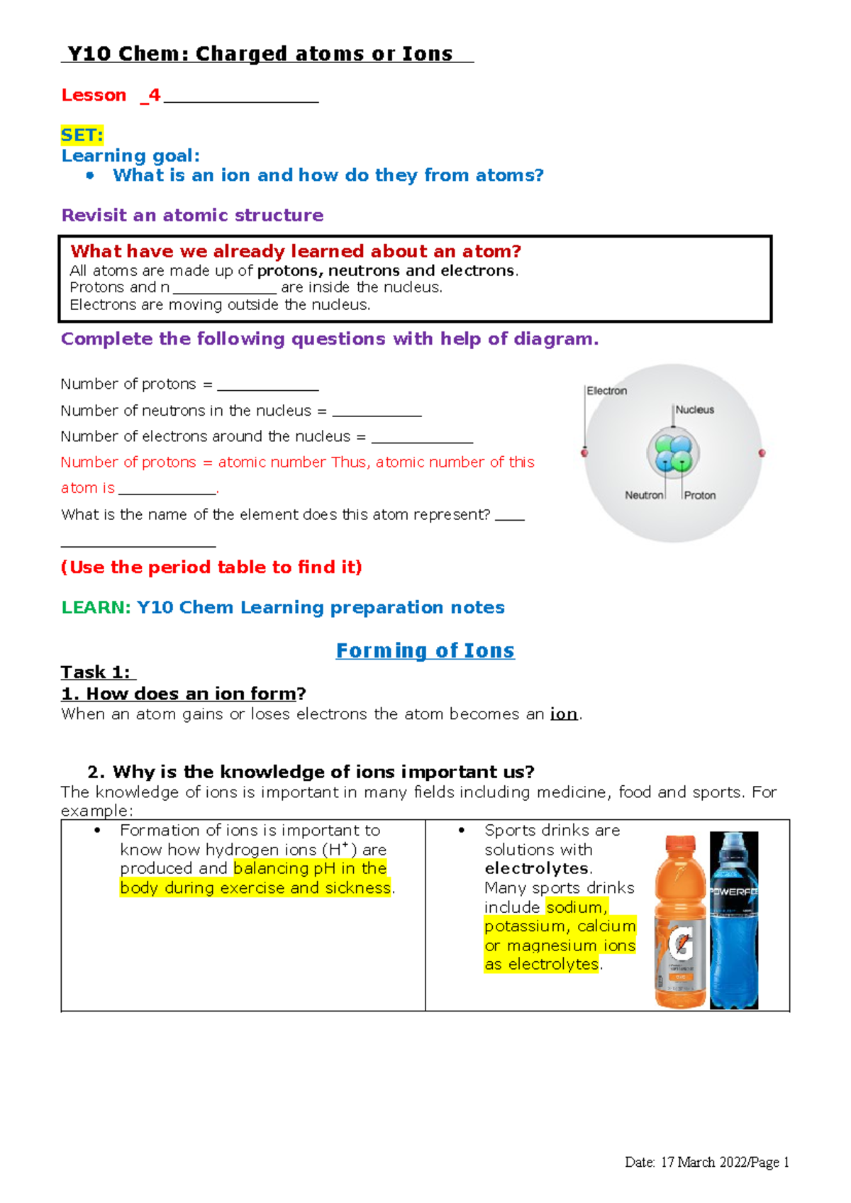 Y10 Chem: Ions Formation and Atomic Structure Lesson 4 - Studocu