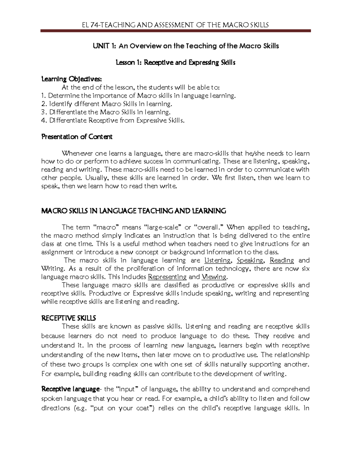 Lesson-1-converted - overview of the macro skills - UNIT 1: An Overview on the Teaching of the ...
