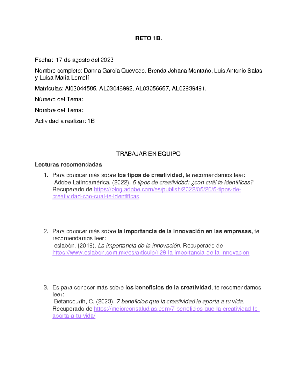Actividad 1B Habilidades - RETO 1B. Fecha: 17 de agosto del 2023 Nombre ...