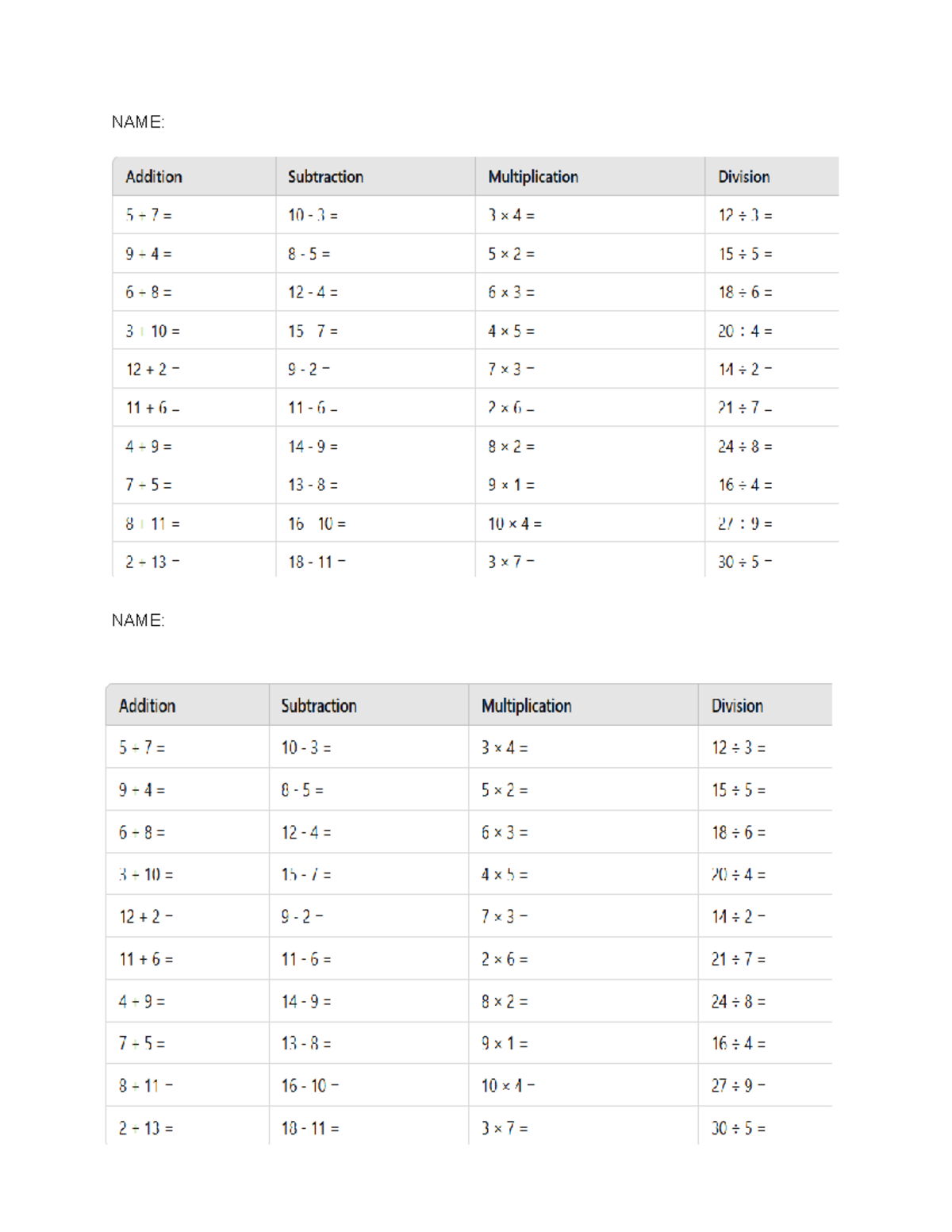 NMP Thursday - Practice Math problems - NAME: Addition Subtraction ...