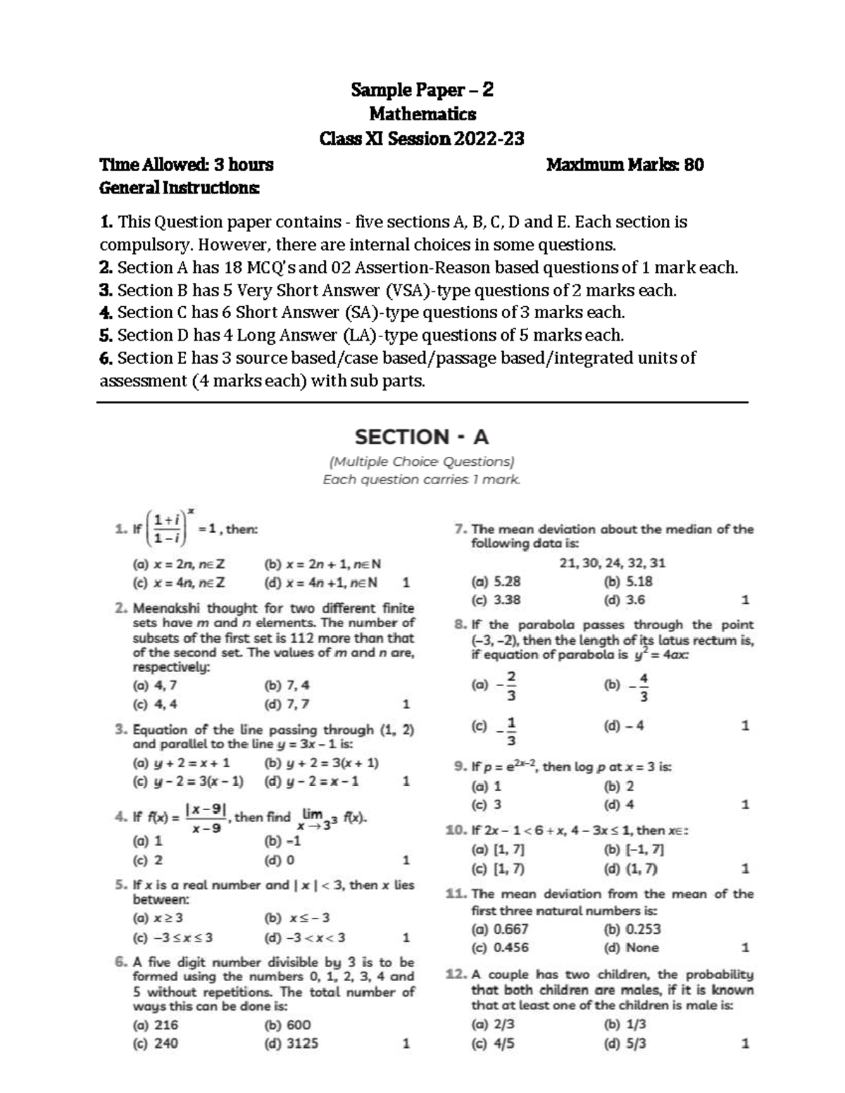 Mathematics Class XI Sample Paper 2 - 3 Hours Exam - Studocu