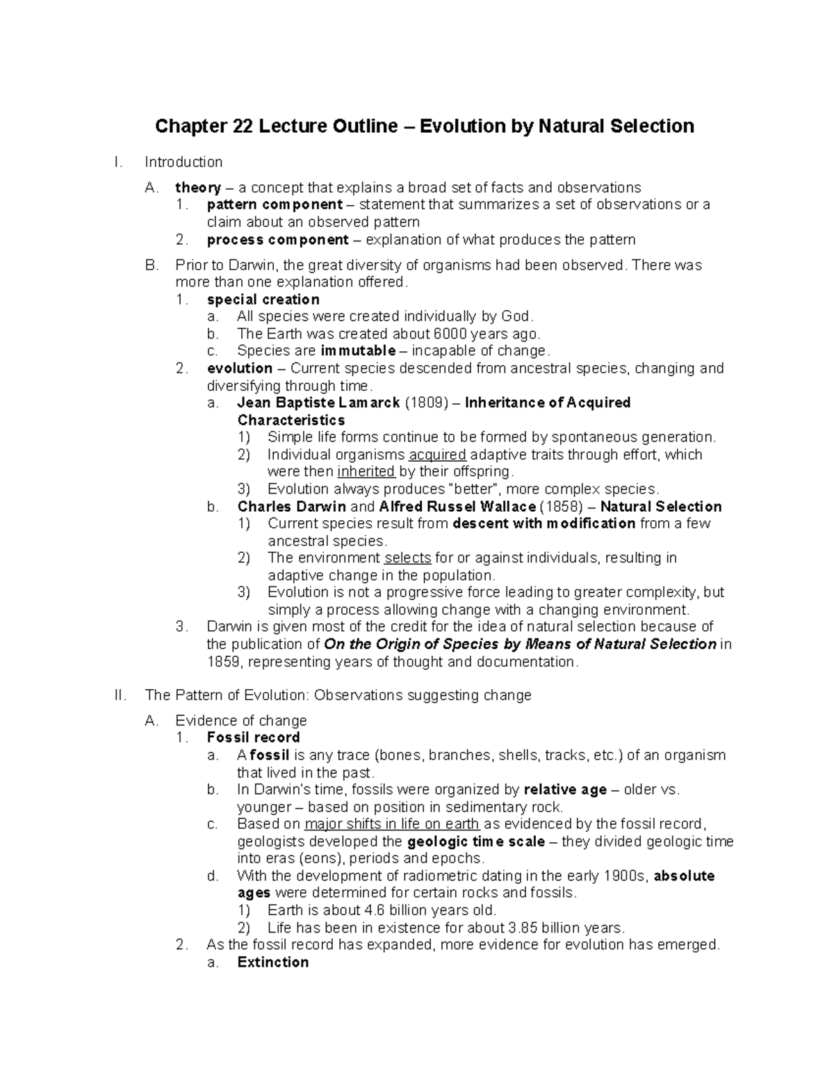 Ch 22 Lecture Notes: Evolution Through Natural Selection - Studocu