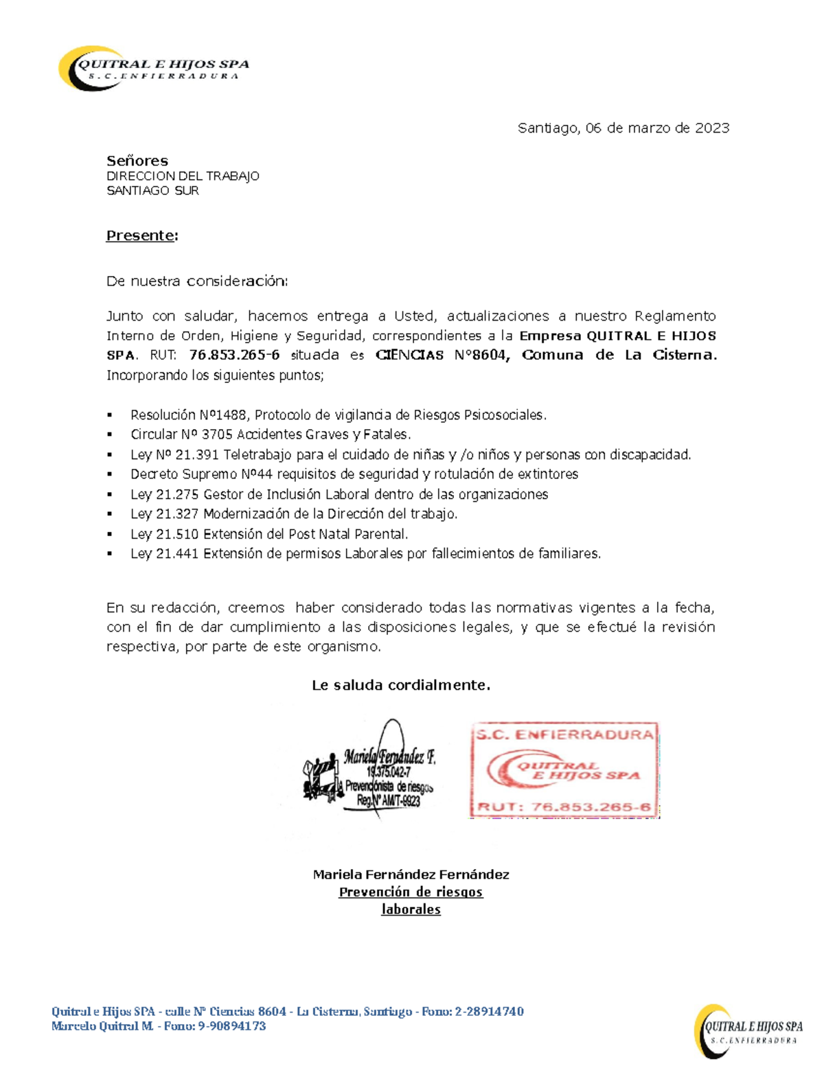 Carta Conductora Inspección Trabajo - Reglamento Interno Actualizado - Studocu