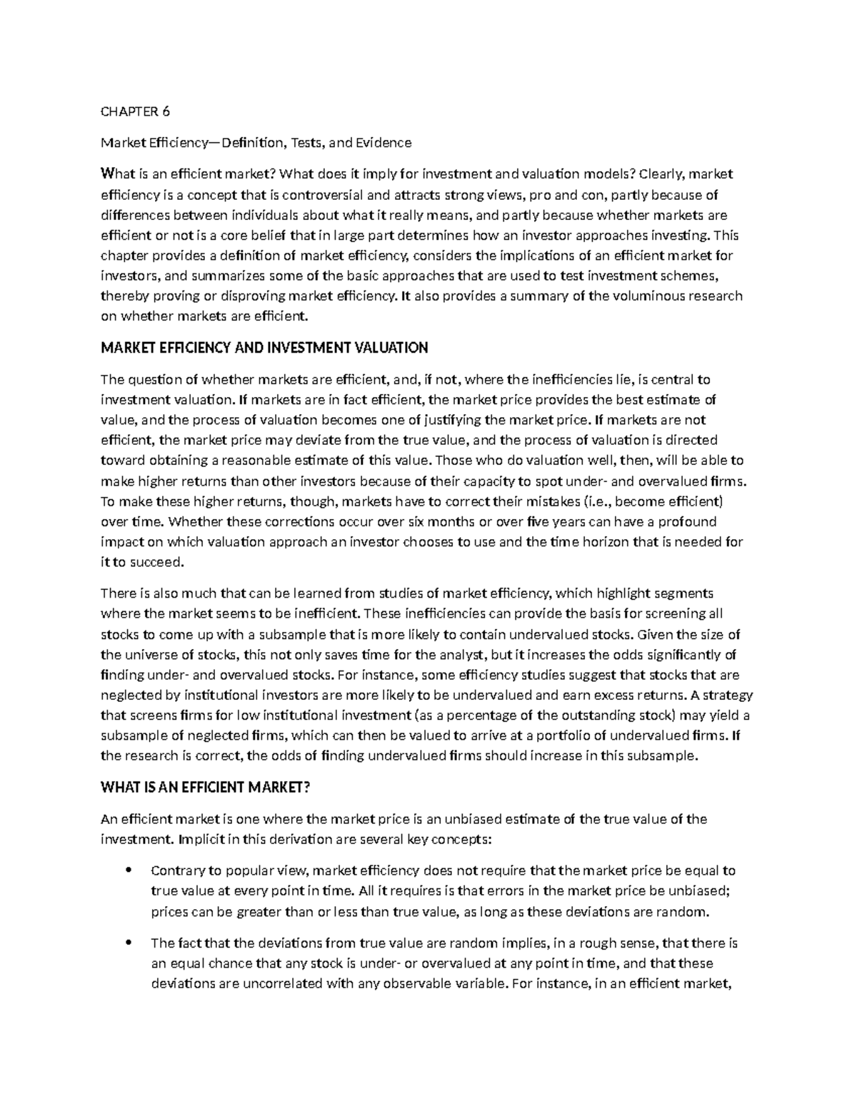 Market Efficiency: Definition, Tests & Evidence - Chapter 6 Notes - Studocu