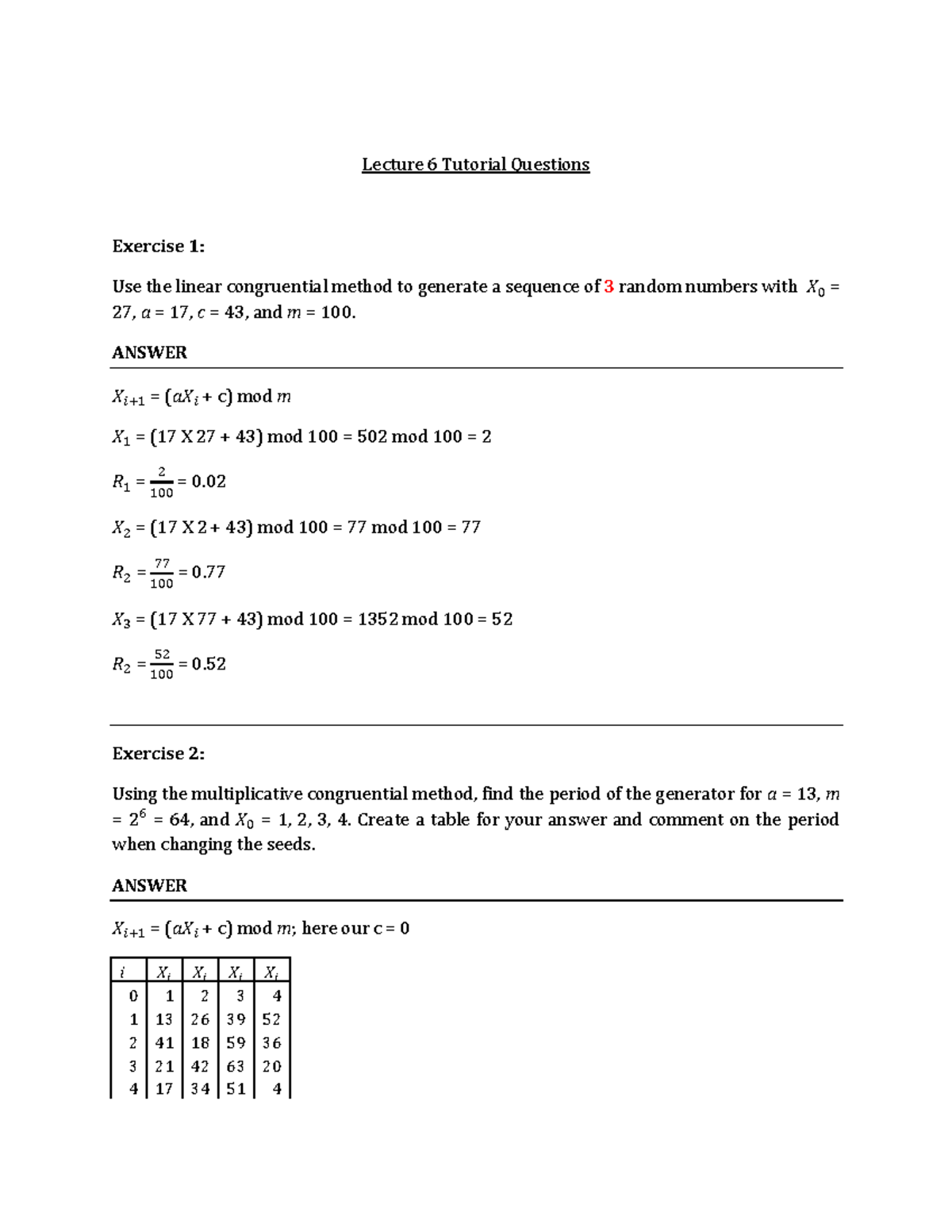 Tut 6 solution - Lecture 6 Tutorial Questions Exercise 1: Use the linear congruential method to ...