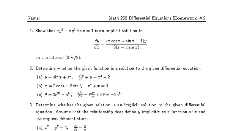 Math 255 Differential Equations Homework 1 Solutions - Studocu