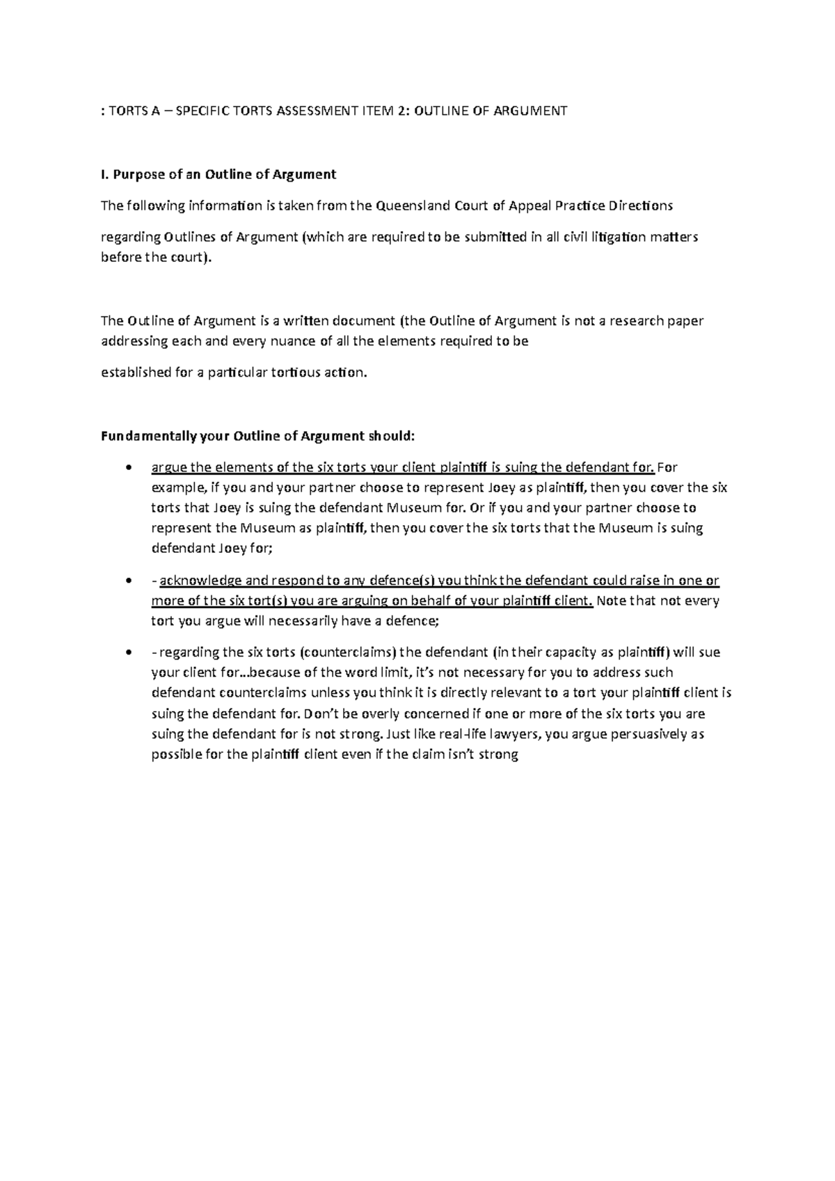 TORTS A Specific Torts Assessment Item 2: Outline of Argument Guide ...