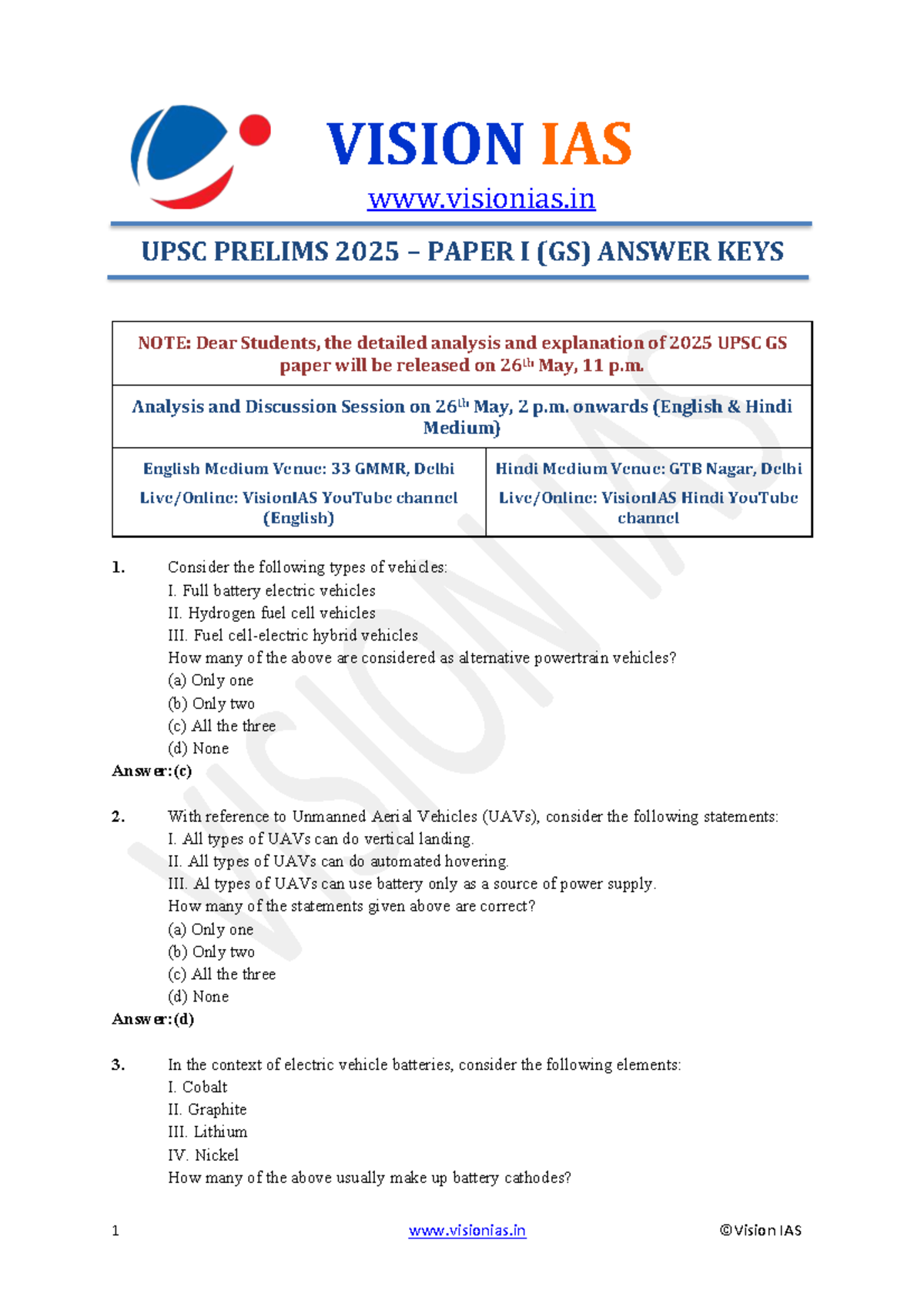 Vision IAS - UPSC Prelims 2025 Paper I (GS) Answer Key & Analysis - Studocu