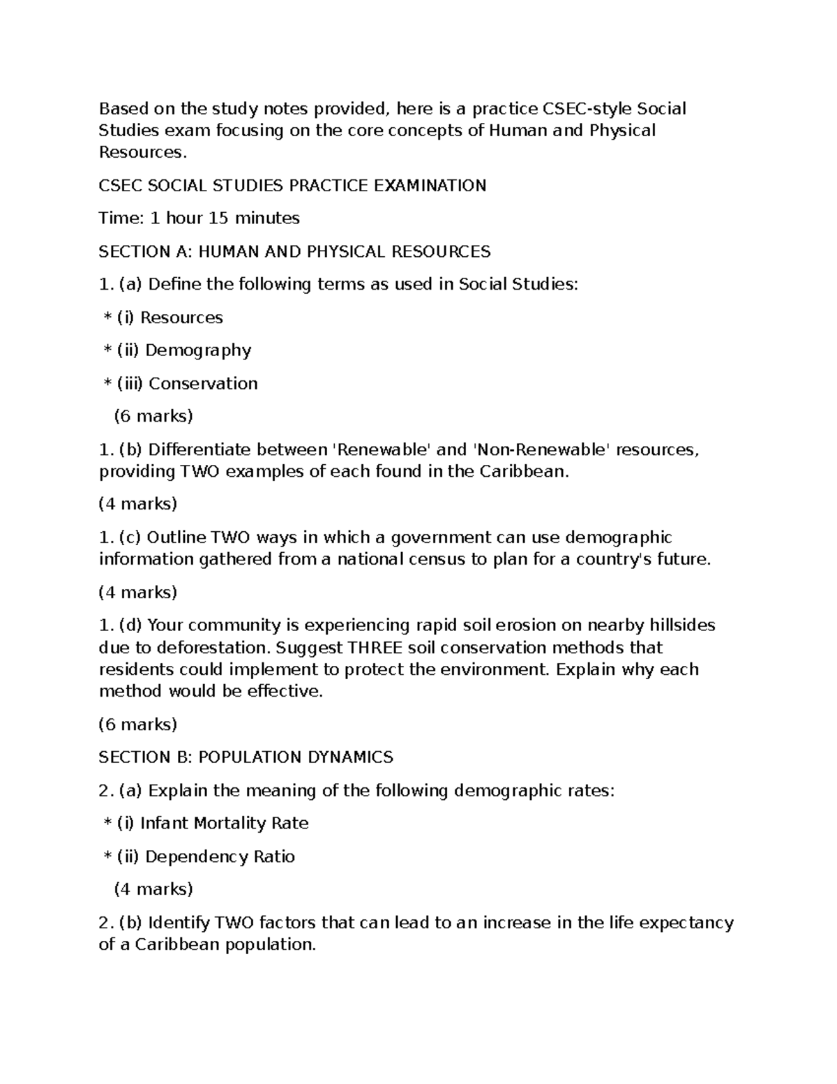 CSEC SOCIAL STUDIES PAST PAPER PRACTICE EXAM: HUMAN & PHYSICAL ...