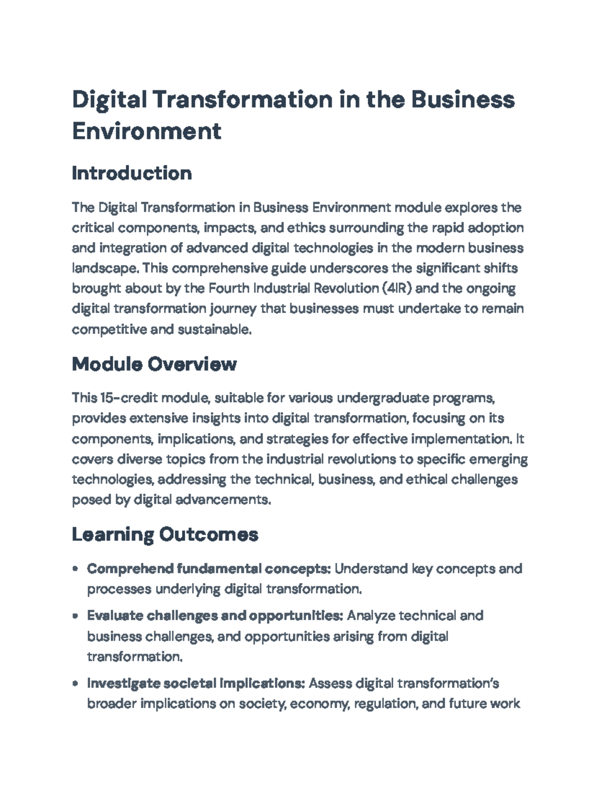 Digital Transformation in Business Environment: Module Insights ...
