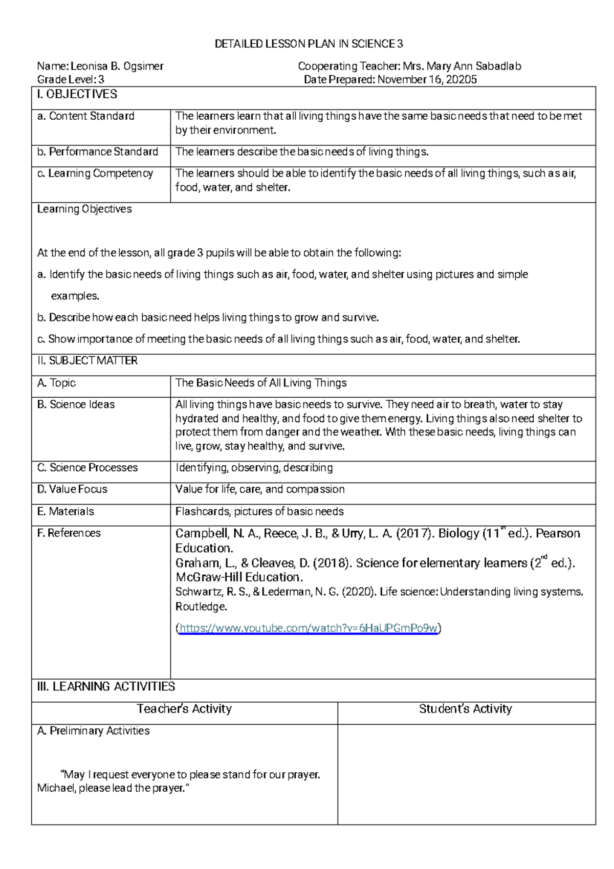 Science 3 Detailed Lesson Plan: Basic Needs of Living Things - Studocu