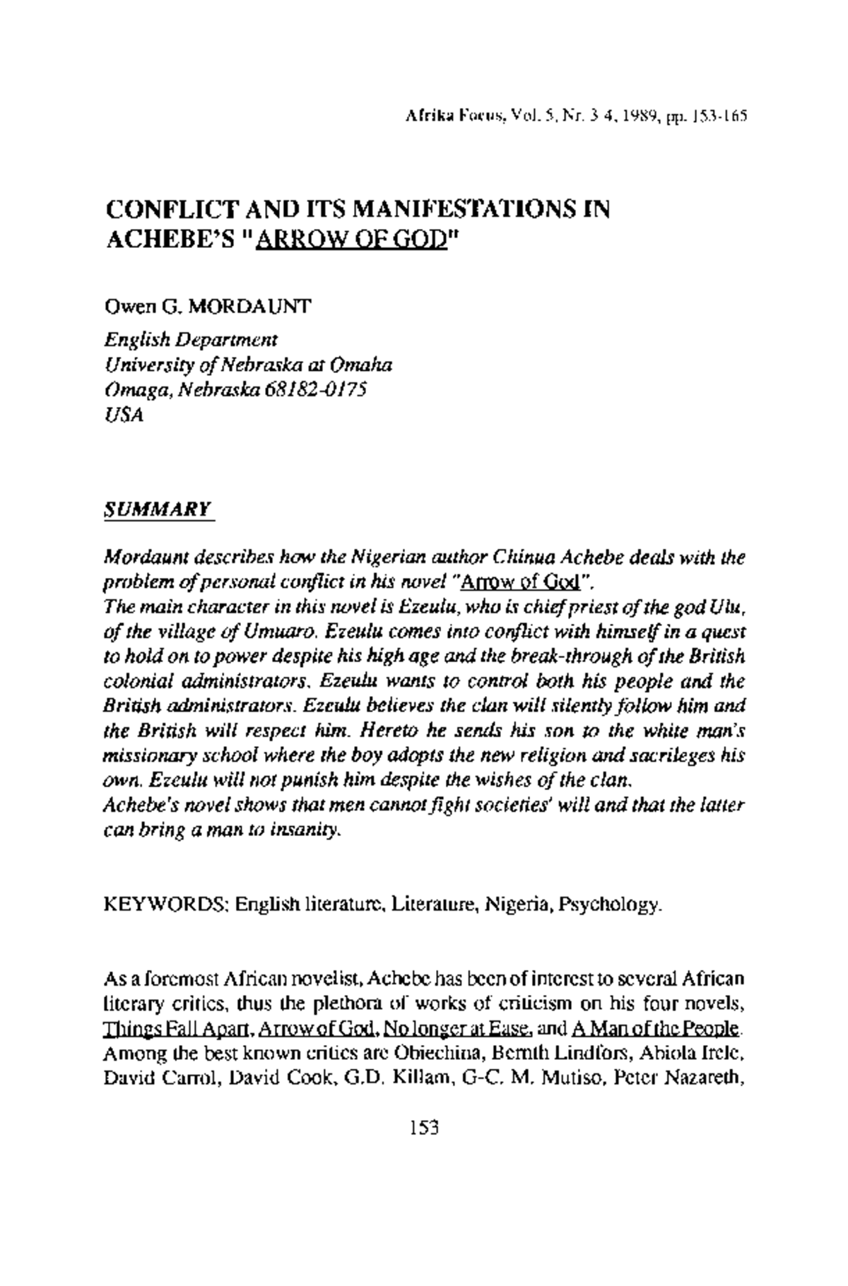 Mordaunt 1989 - Conflict and Identity in Achebe's Arrow of God - Studocu