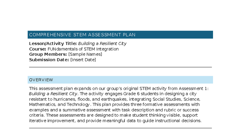 Comprehensive STEM Assessment Plan: Building a Resilient City ...