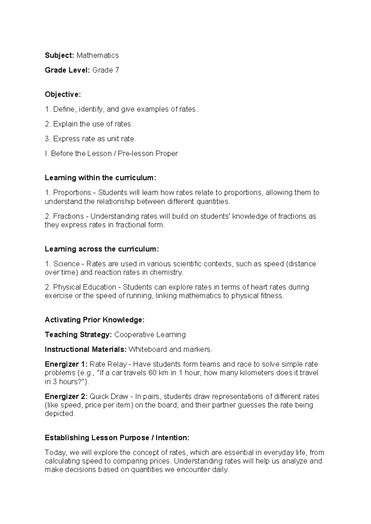 Lesson Plan: Understanding Rates in Mathematics (Grade 7) - Studocu
