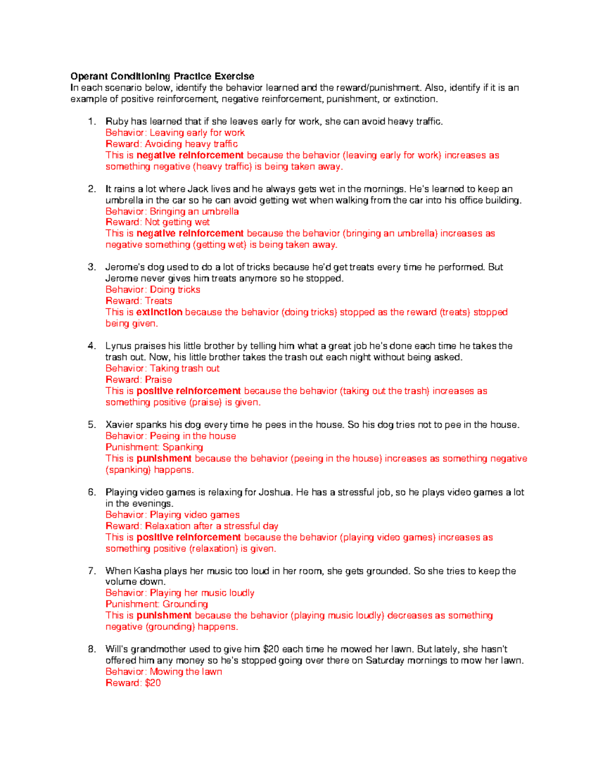 OC Practice KEY - Operant Conditioning Practice Exercise In each ...
