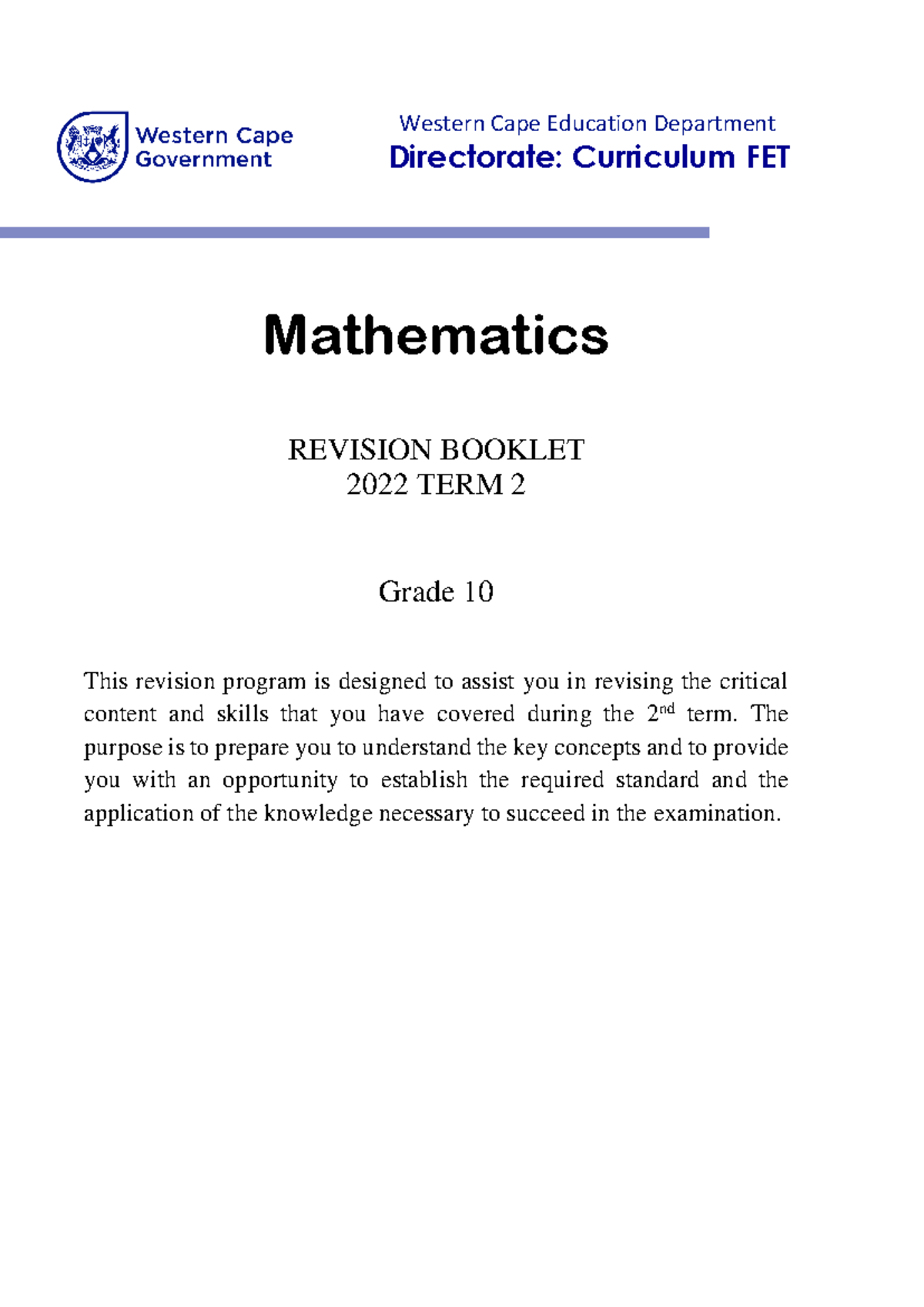 Grade 10 Mathematics Revision: Term 2 Review 2022 (W.C.E.D.) - Studocu