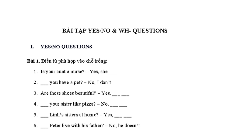 BÀI TẬP: Yes/No & WH- Questions Practice (ENG 101) - Studocu