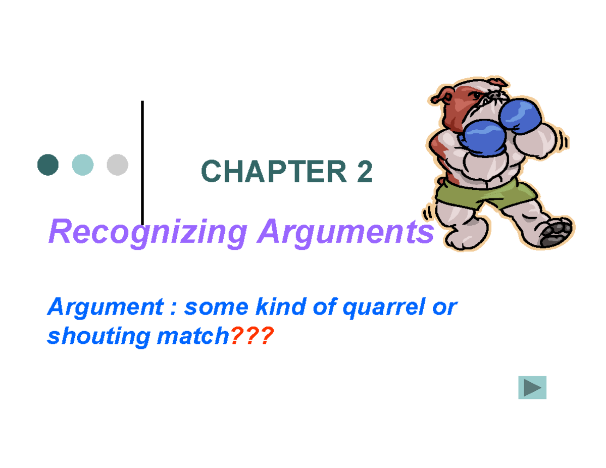 Critical Thinking Chapter 2 - Recognizing Arguments Argument : some kind of quarrel or shouting ...