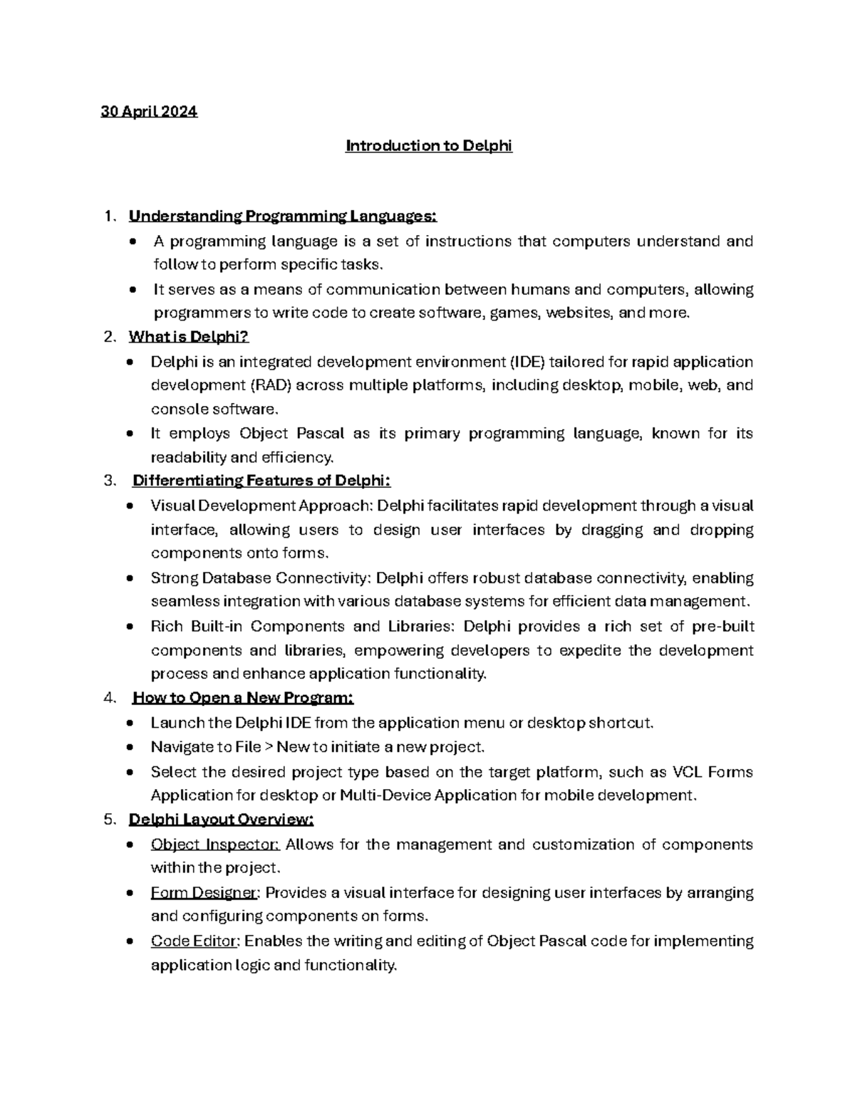 Delphi Grade 10 Programming & Syntax Notes 240505 203015 - Studocu