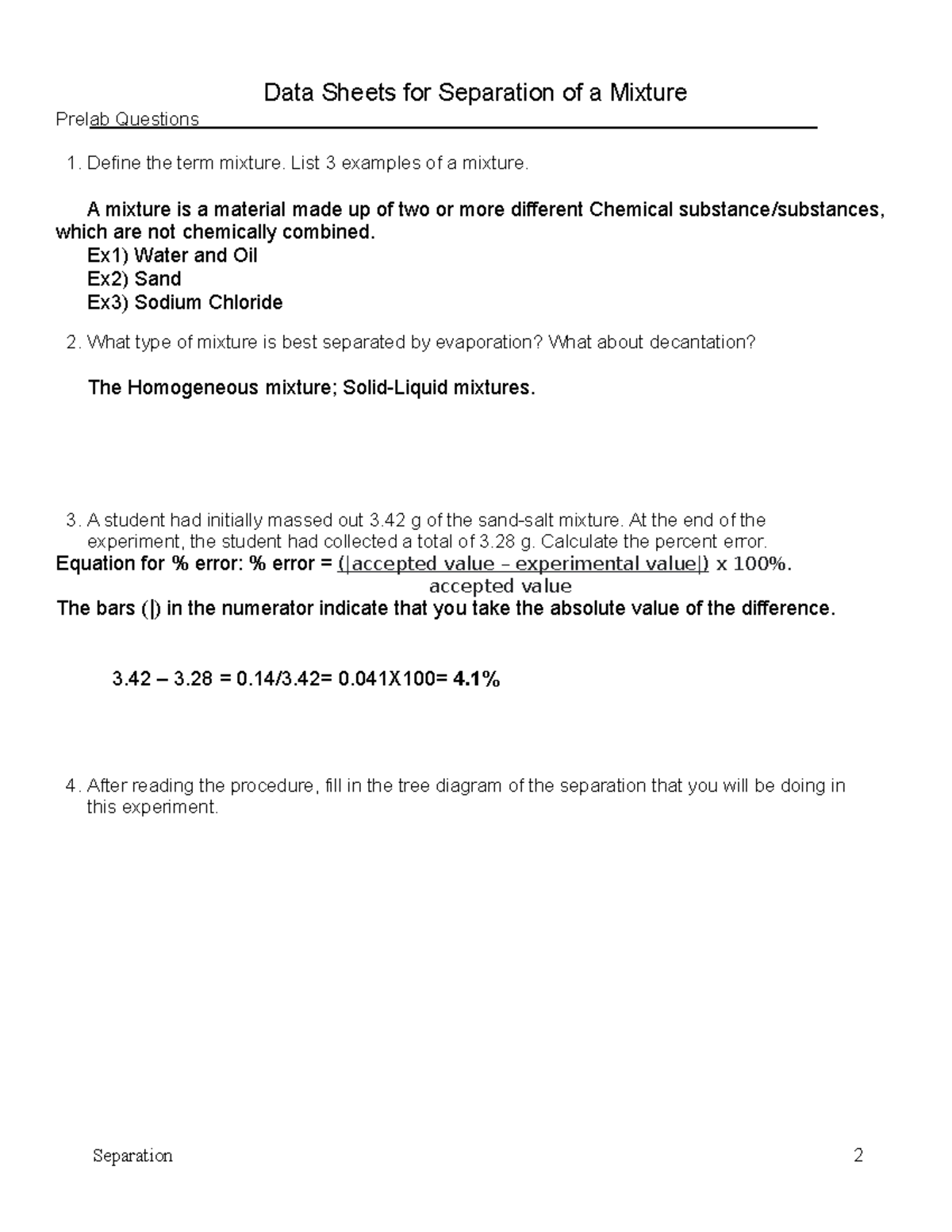 Data Sheets for Separation of a Mixture (SS21) - Prelab & Results - Studocu