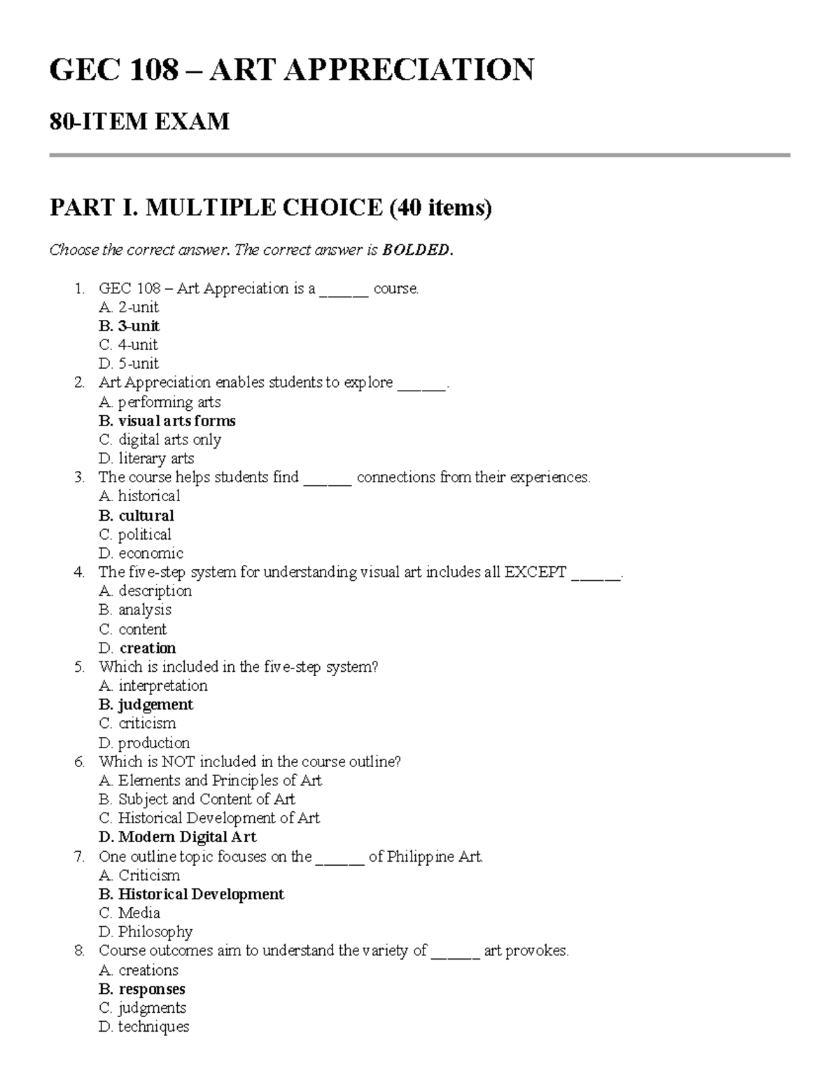 GEC 108 Art Appreciation Midterm Exam: Multiple Choice & True/False ...