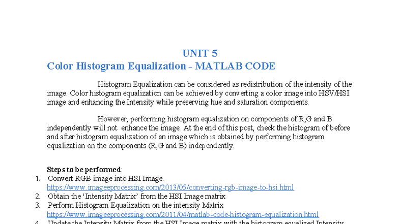 Unit 5: Color Histogram Equalization & Image Processing Techniques - Studocu