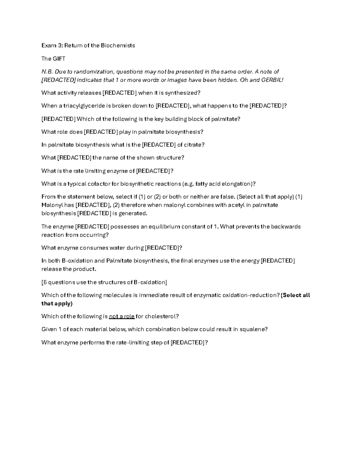 Exam 3 GIFT: Concepts in Palmitate Biosynthesis and B-Oxidation - Studocu