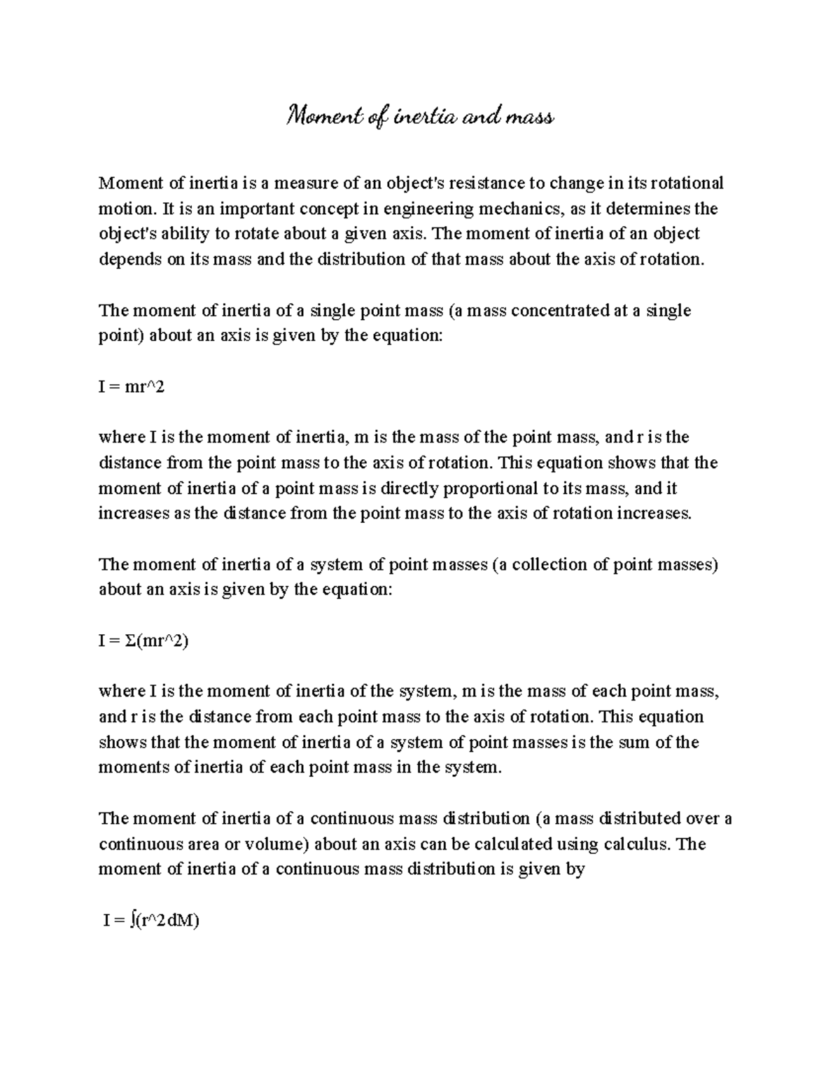 Moment of inertia and mass - Engineering Mechanics Notes - Moment of ...