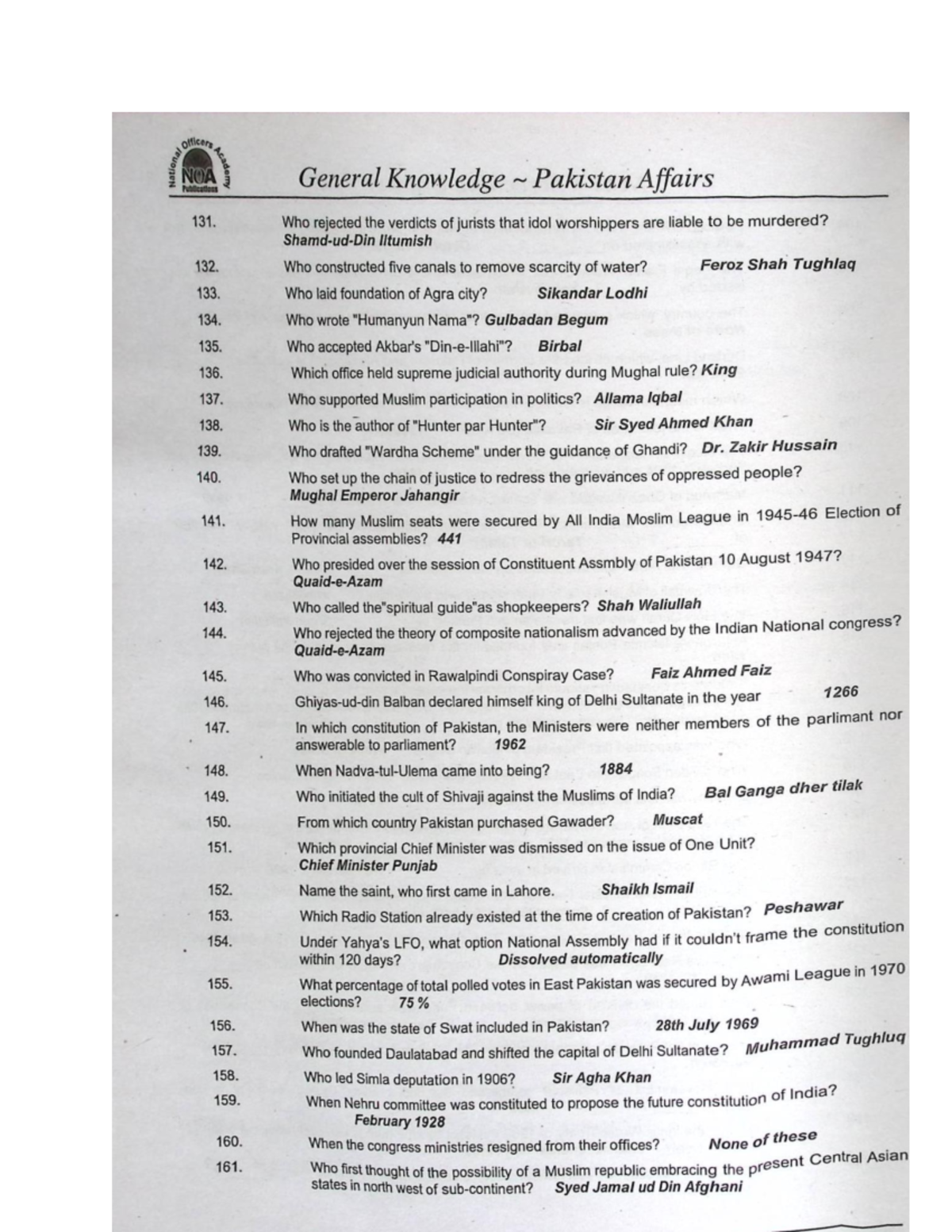 General Knowledge MCQs on Pakistan Affairs - NOA Academy 131 - Studocu