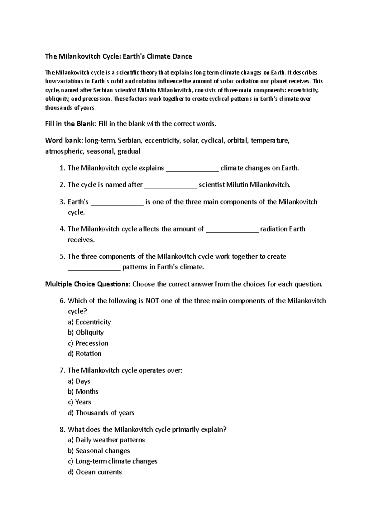 Milankovitch Cycle: Understanding Earth's Climate Changes - Quiz - Studocu