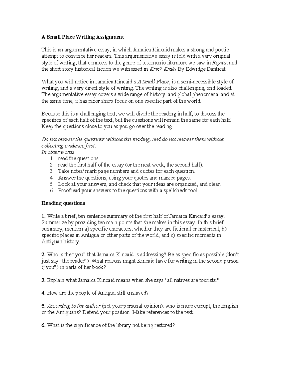 A Small Place (ENG 101) Argumentative Essay Analysis and Questions ...